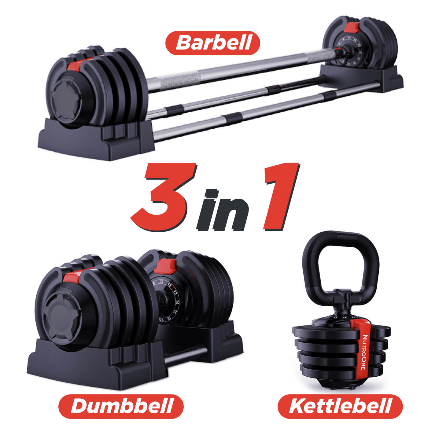 NutroOne Tri-form Adjustable Dumbbell (Barbell, Kettlebell and Dumbbell ...